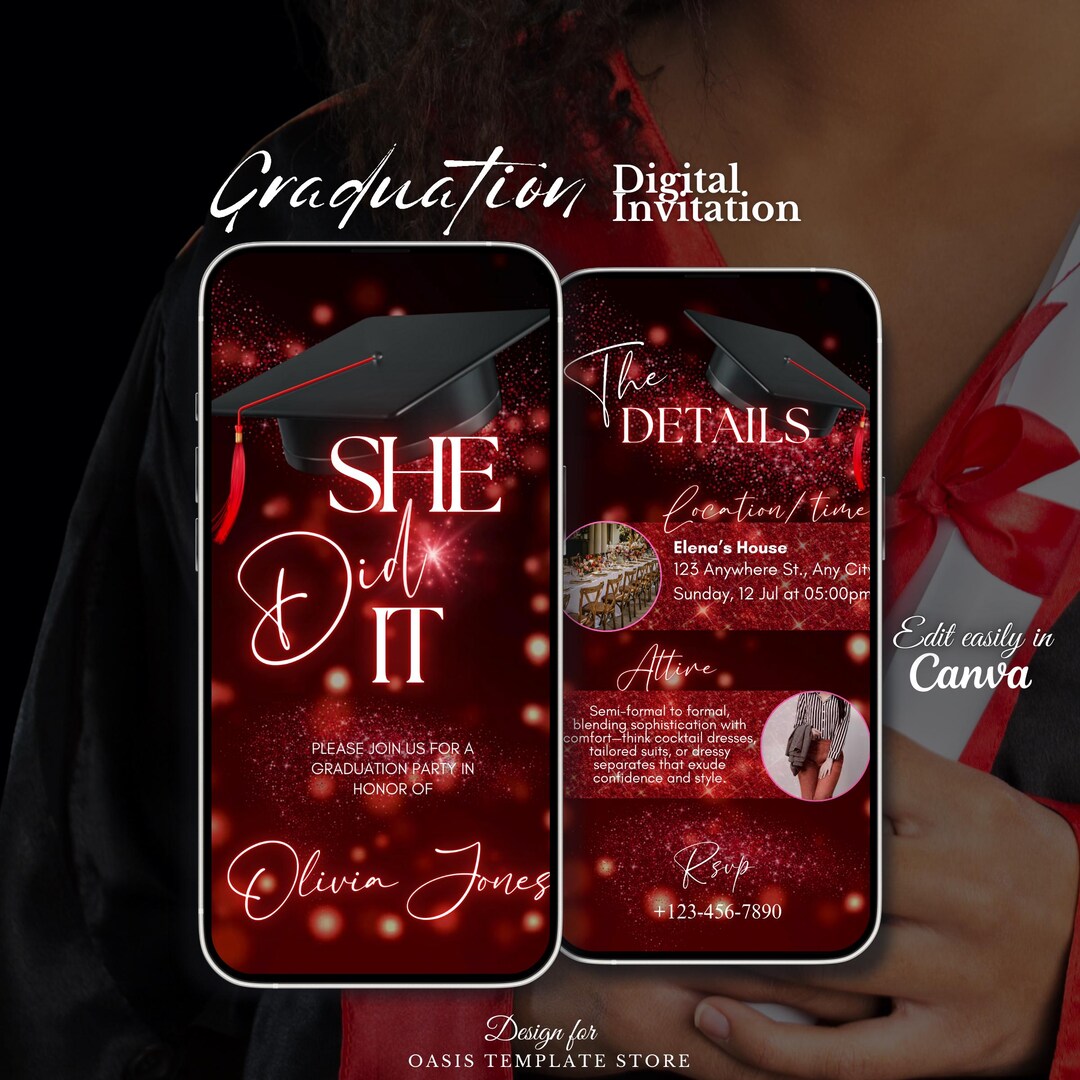 She Did It Graduation Invitation, Red Grad Party Invite, College ...