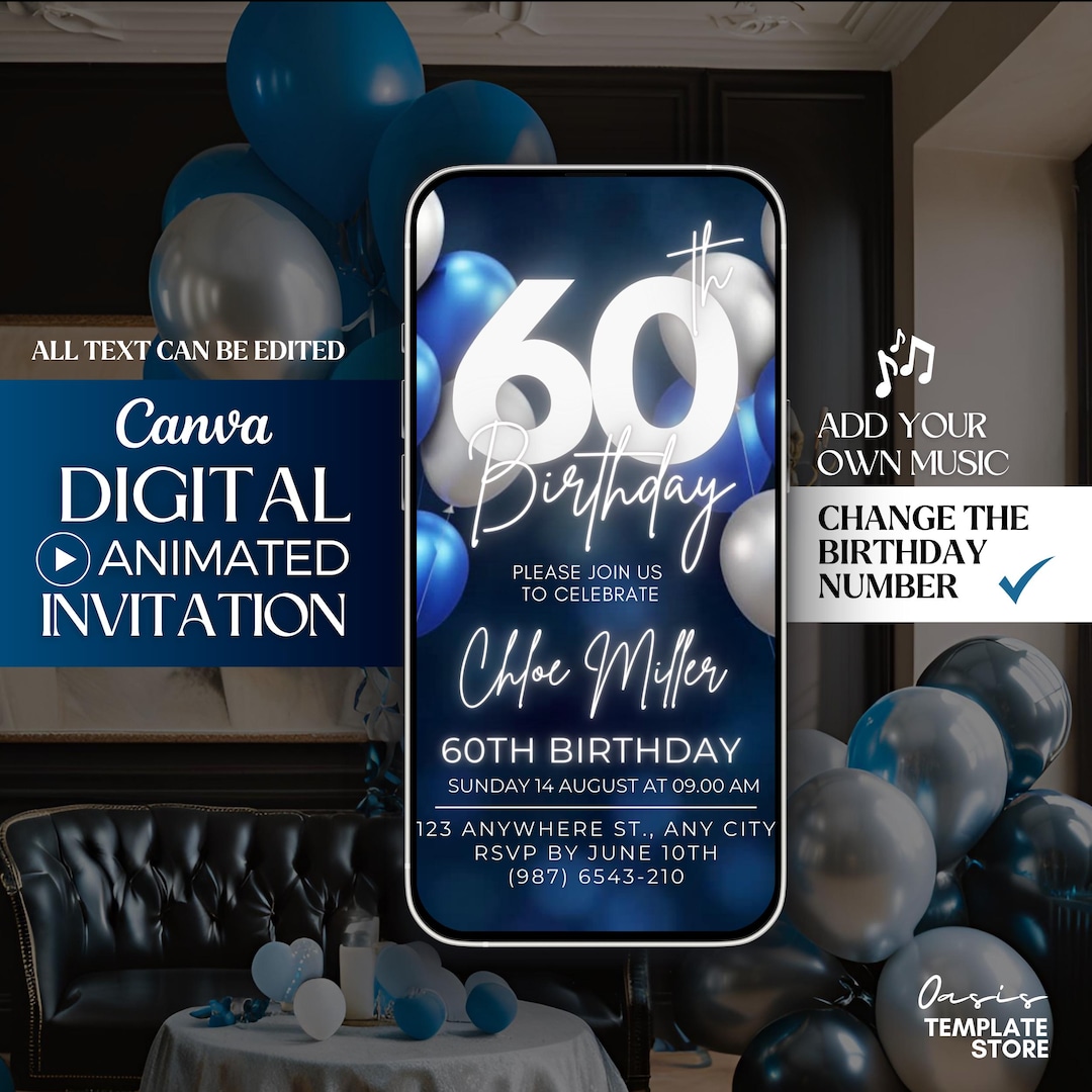 Sisty 60th Birthday Invitation, Blue and Silver Video Invitation, Navy ...