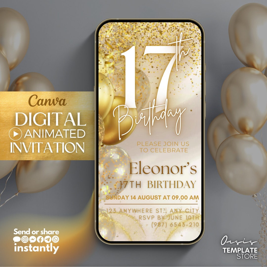 17th Birthday Video Invitation, Gold Glitter Seventeen 17th Digital ...