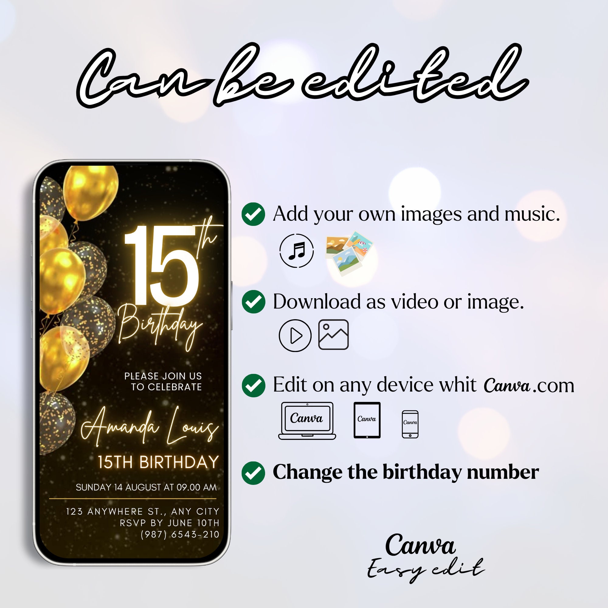 Animated 15th Birthday Invite, Electronic Invitation With Music, Black ...