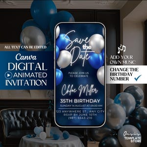 Save the Date Birthday Invitation, Blue and Silver Video Invitation, Navy Blue Digital ...