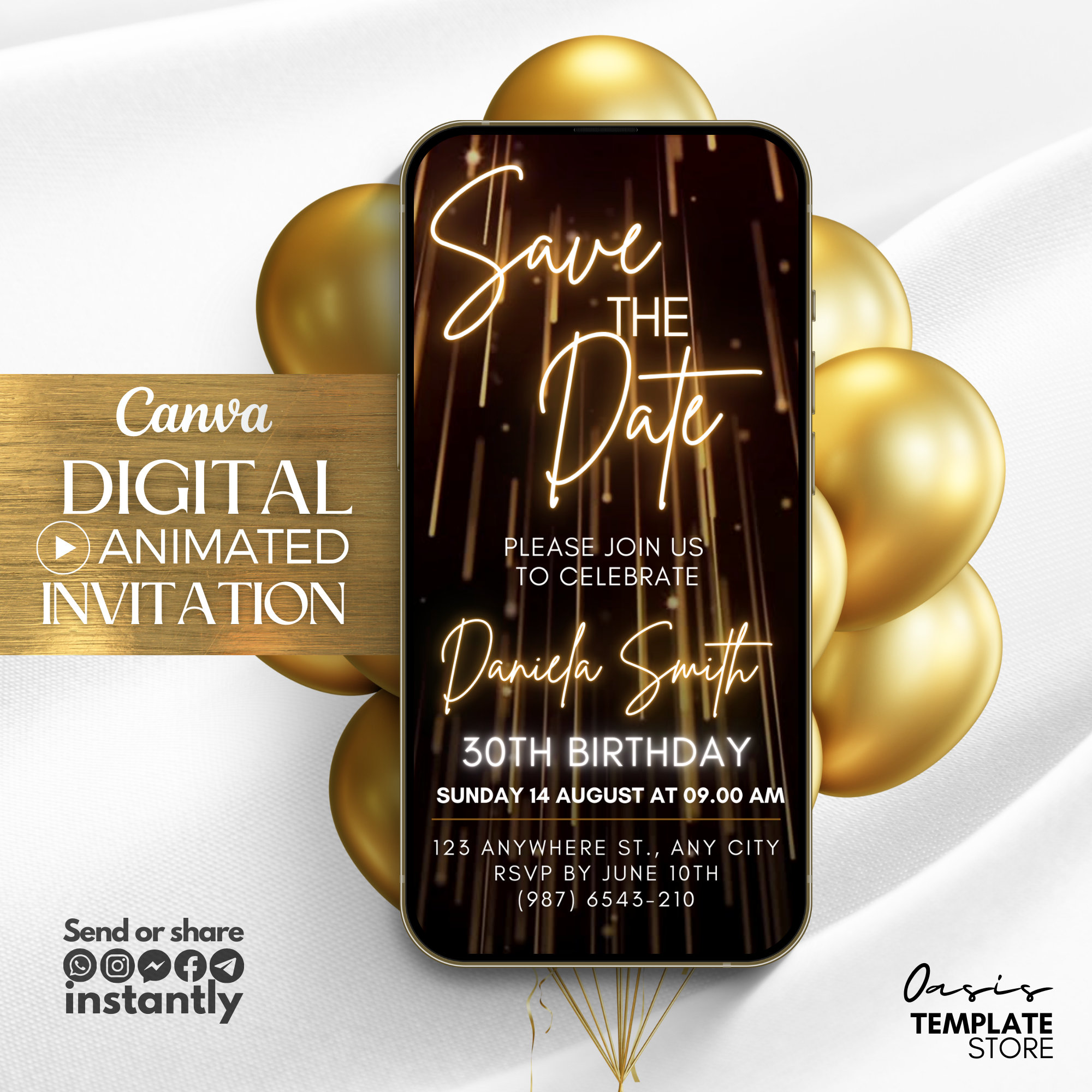 Save the Date Birthday Video Invitation, Gold Glitter Digital ...