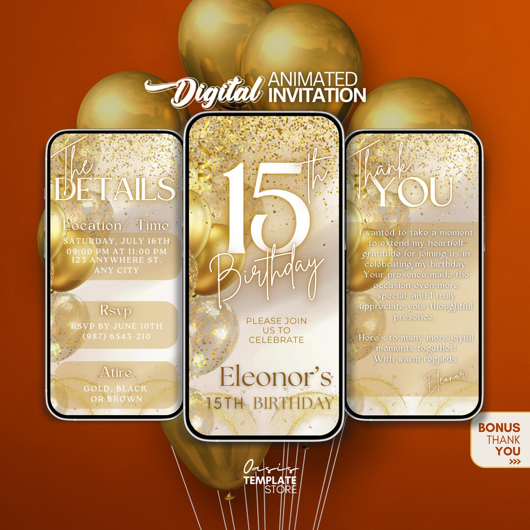 15th Birthday Video Invitation, Gold Glitter 15th Digital Invitation ...
