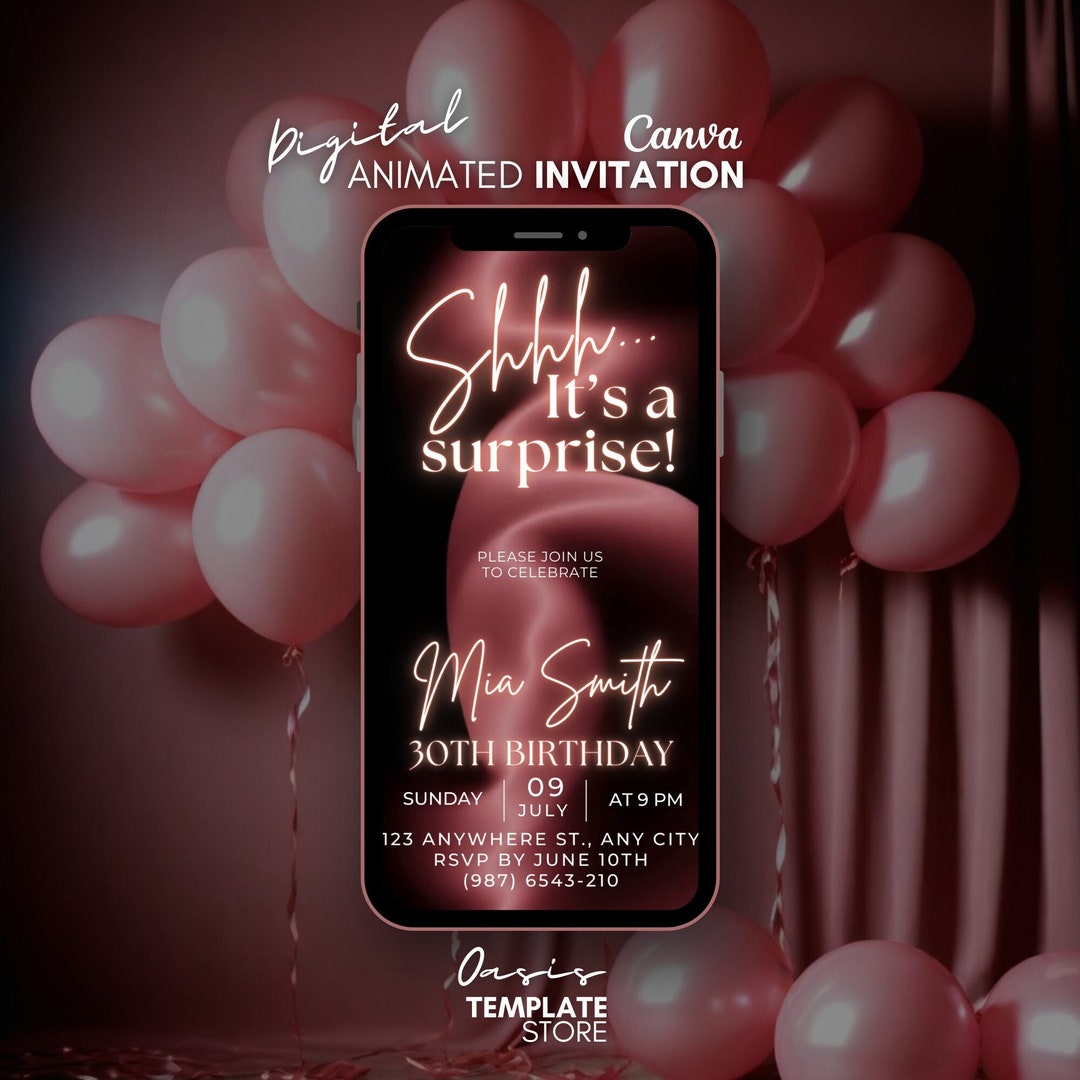 Surprise Birthday Digital Invitation, Pink Silver Animated Invitation ...