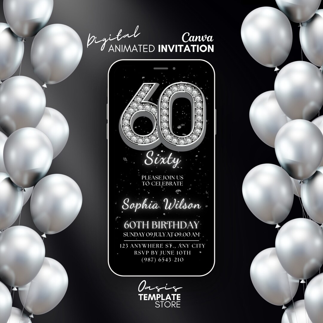 Digital 60th Silver Birthday Invitation, Sixty Video Invitation ...