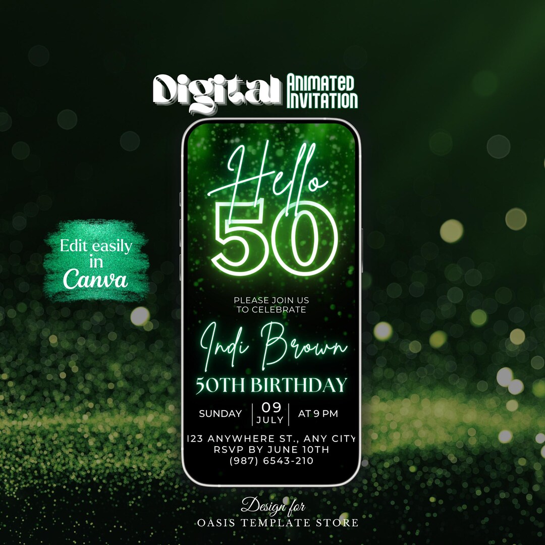 Green Hello 50th Digital Evite, Animated Birthday Video Invitation ...