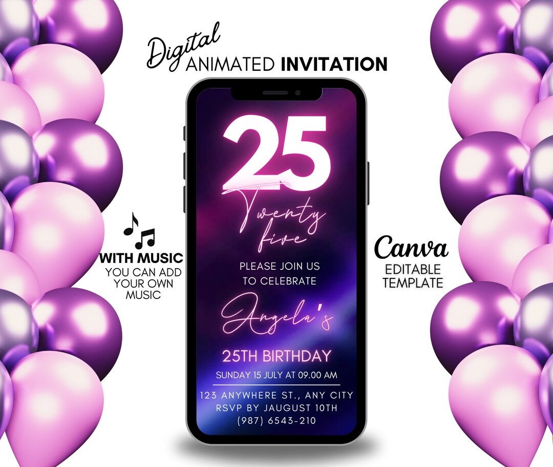 25th Birthday Animated Video Invitation, Editable Pink Party Evite for ...