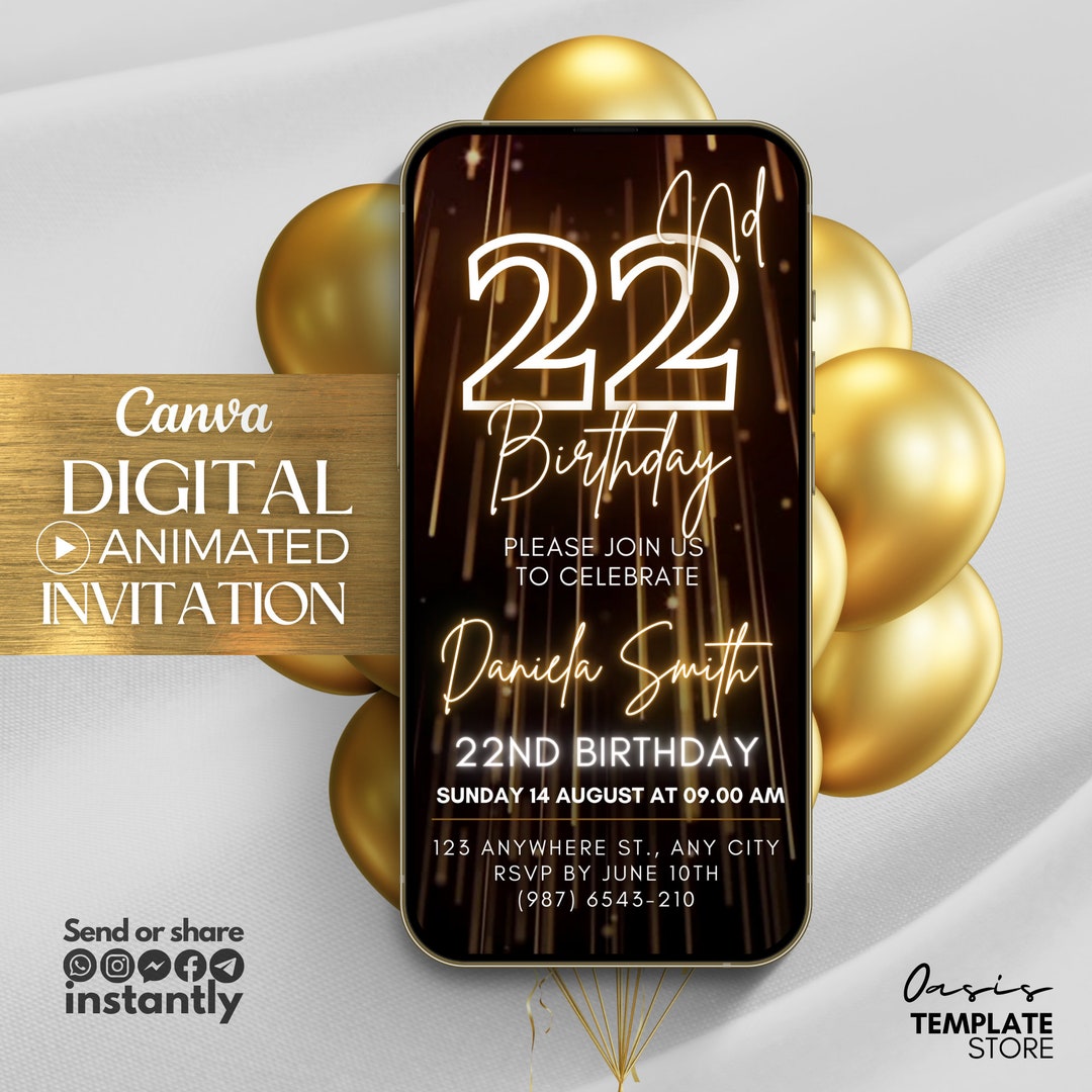 22nd Birthday Video Invitation, 22nd Gold Glitter Digital Invitation ...