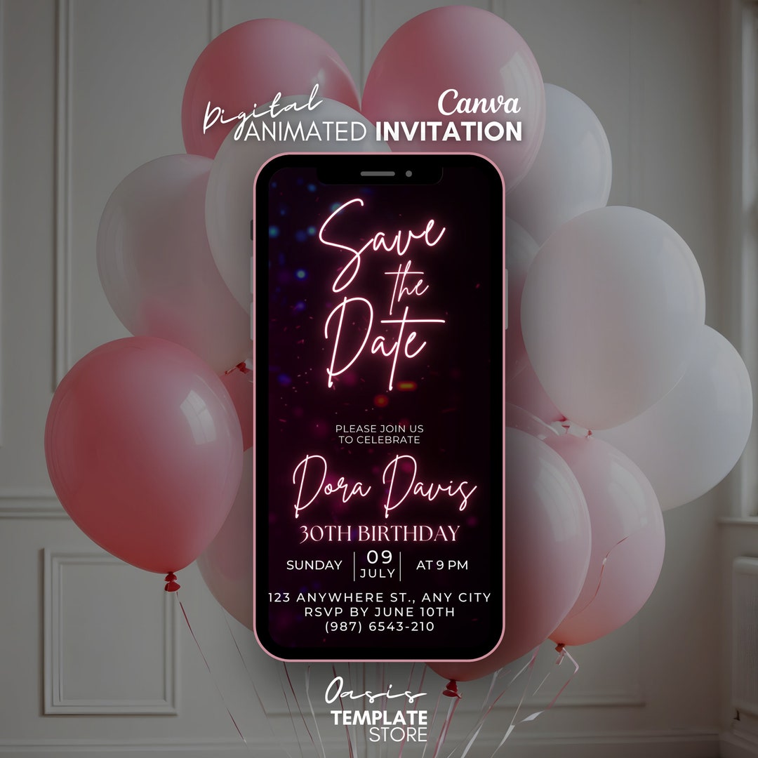 Digital Save the Date Birthday Invitation, Pink Balloons Video ...