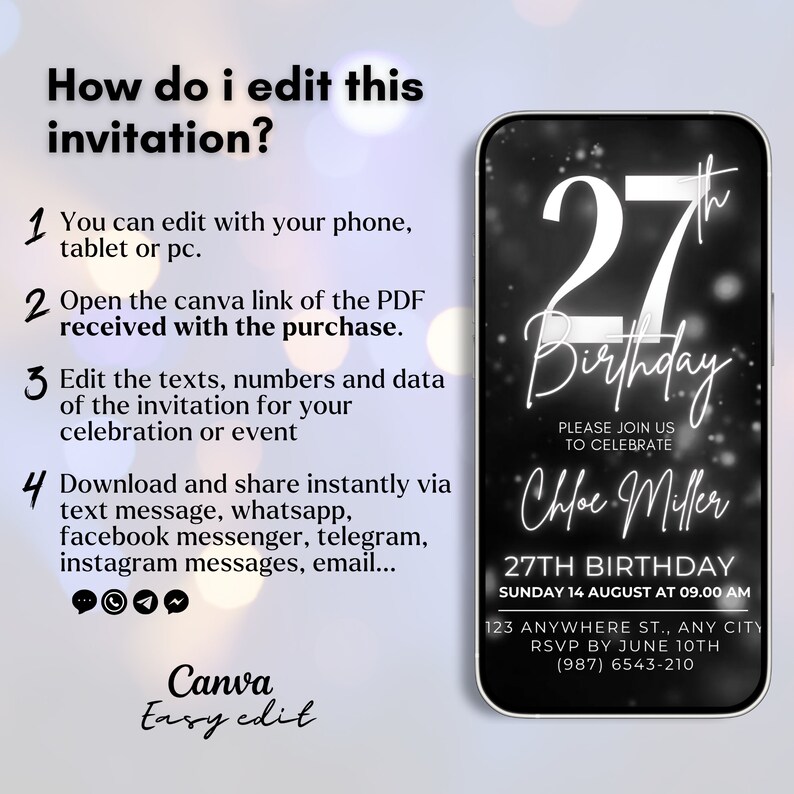 Digital 27th Birthday Invitation, Silver Glitter Digital Invitation ...