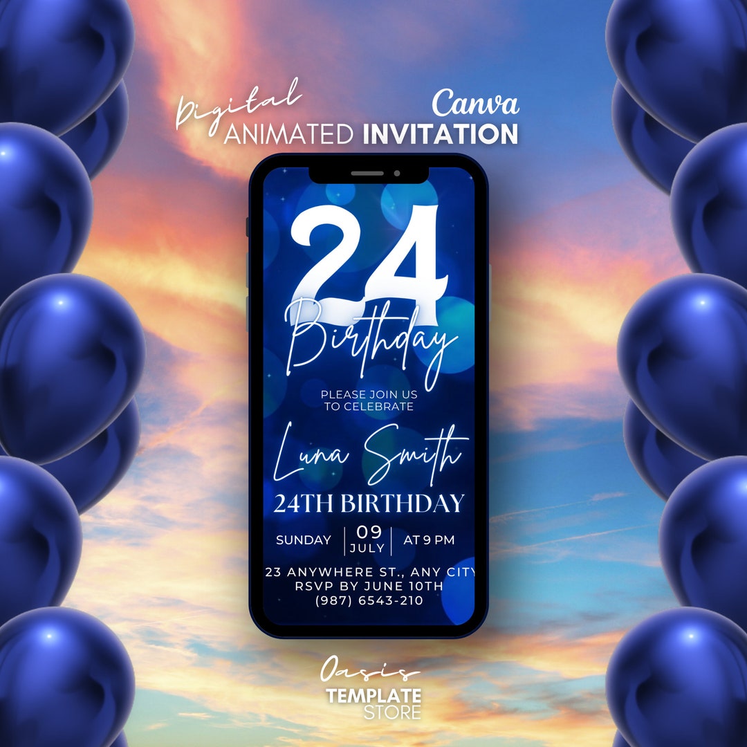 Digital 24th Birthday Invitation, 24th Mobile Invitation, Blue Glitter ...