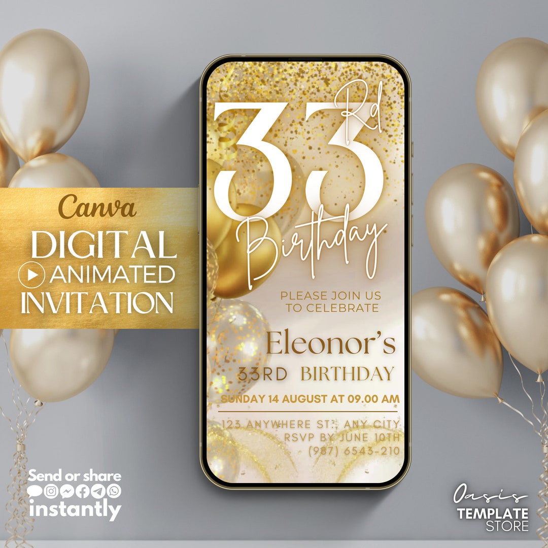 Animated 33rd Birthday Invitation for Women, Gold Champagne Digital ...
