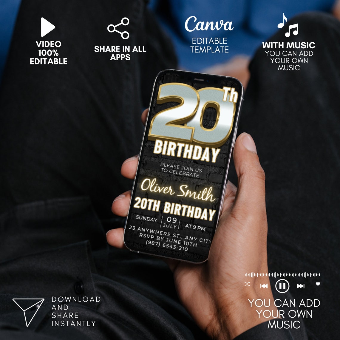 20th Men’s Birthday Invite Digital, Silver and Black Birthday ...