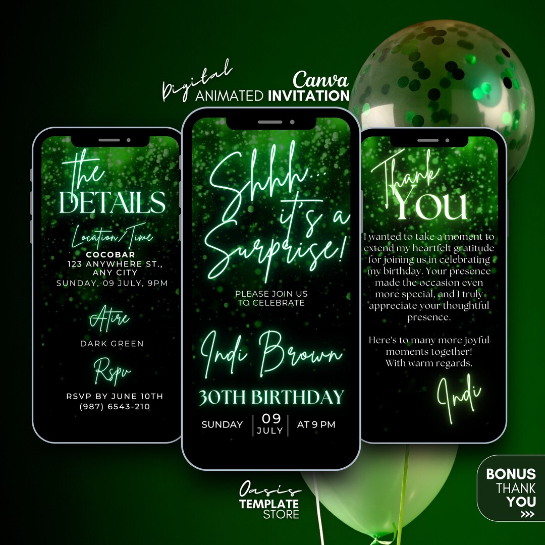Shhh It's Surprise Birthday Video Invitation, Green Glitter Invitation ...