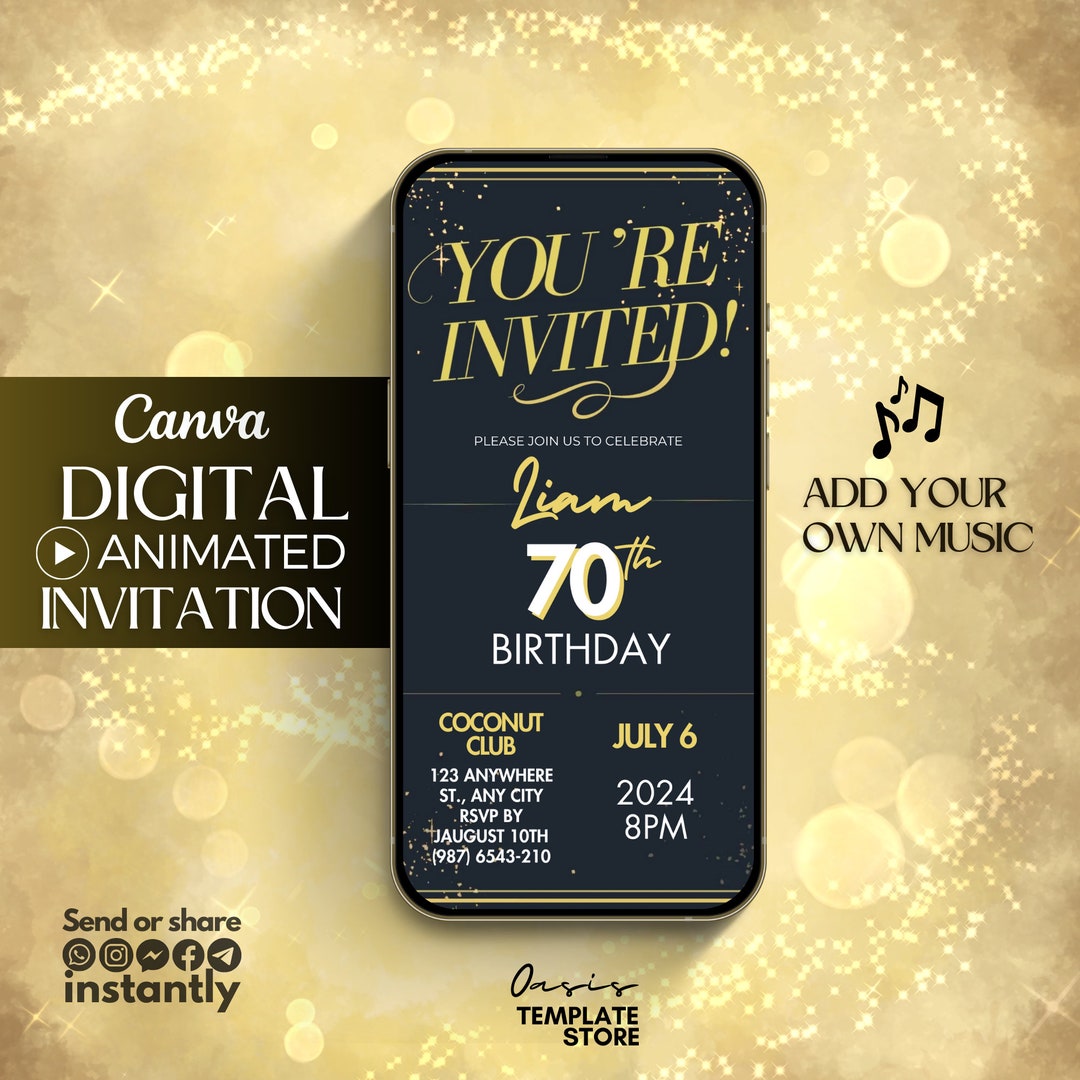 Digital 70th Birthday Video Invitation, 70th Gold Glitter Digital ...