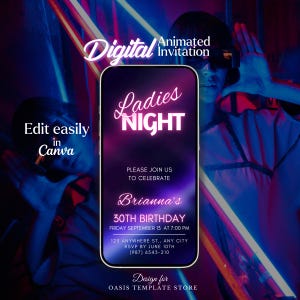 Ladies Night Birthday Invitation, Pink Neon Digital Invitation, Video ...