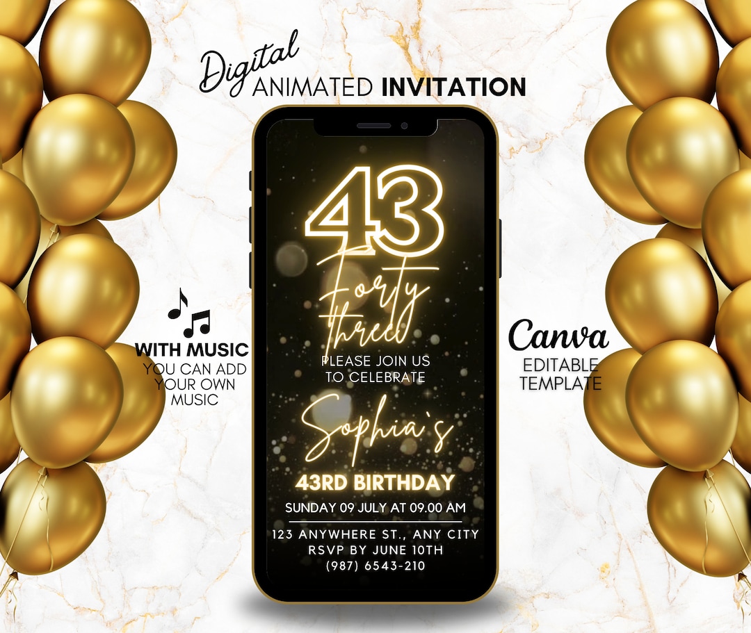 Forty Three 43rd Birthday Video Invitation, Editable Animated Invite ...