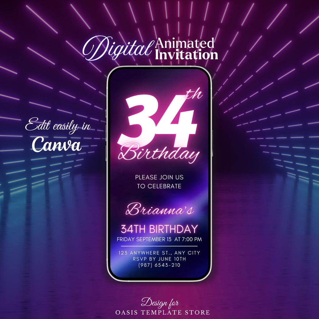 Digital 34th Birthday Invitation, Pink Neon Party Invite, 34th Animated ...
