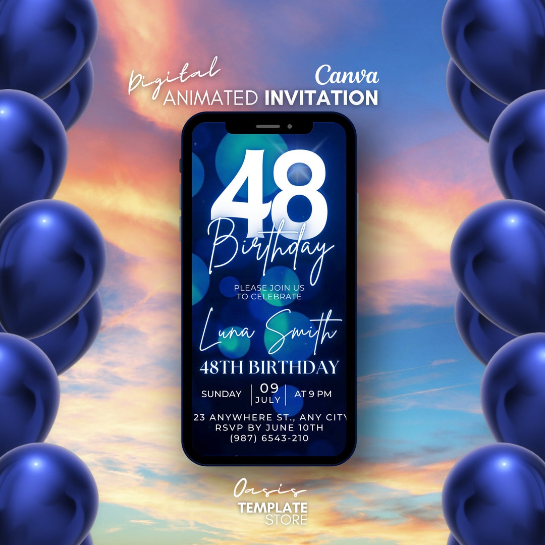 Digital 48th Birthday Invitation, 48th Mobile Invitation, Blue Glitter ...