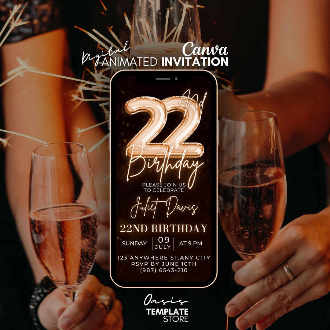 22nd Birthday Video Invitation, Bronze Gold Digital Invitation, Mobile ...