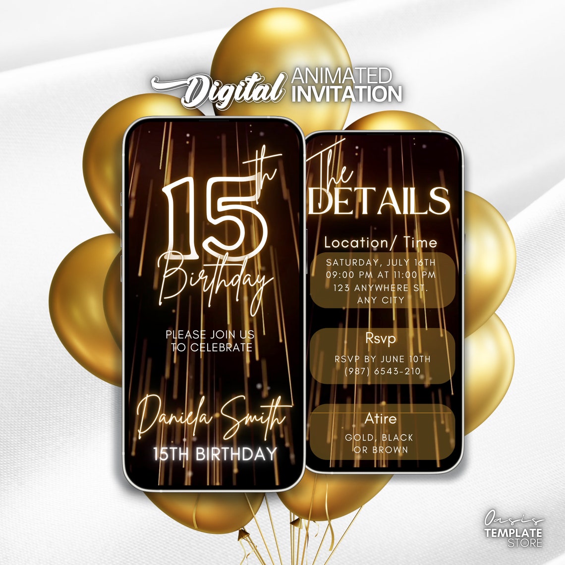 15th Birthday Digital Invitation, Gold Glitter Video Invitation, Mobile ...