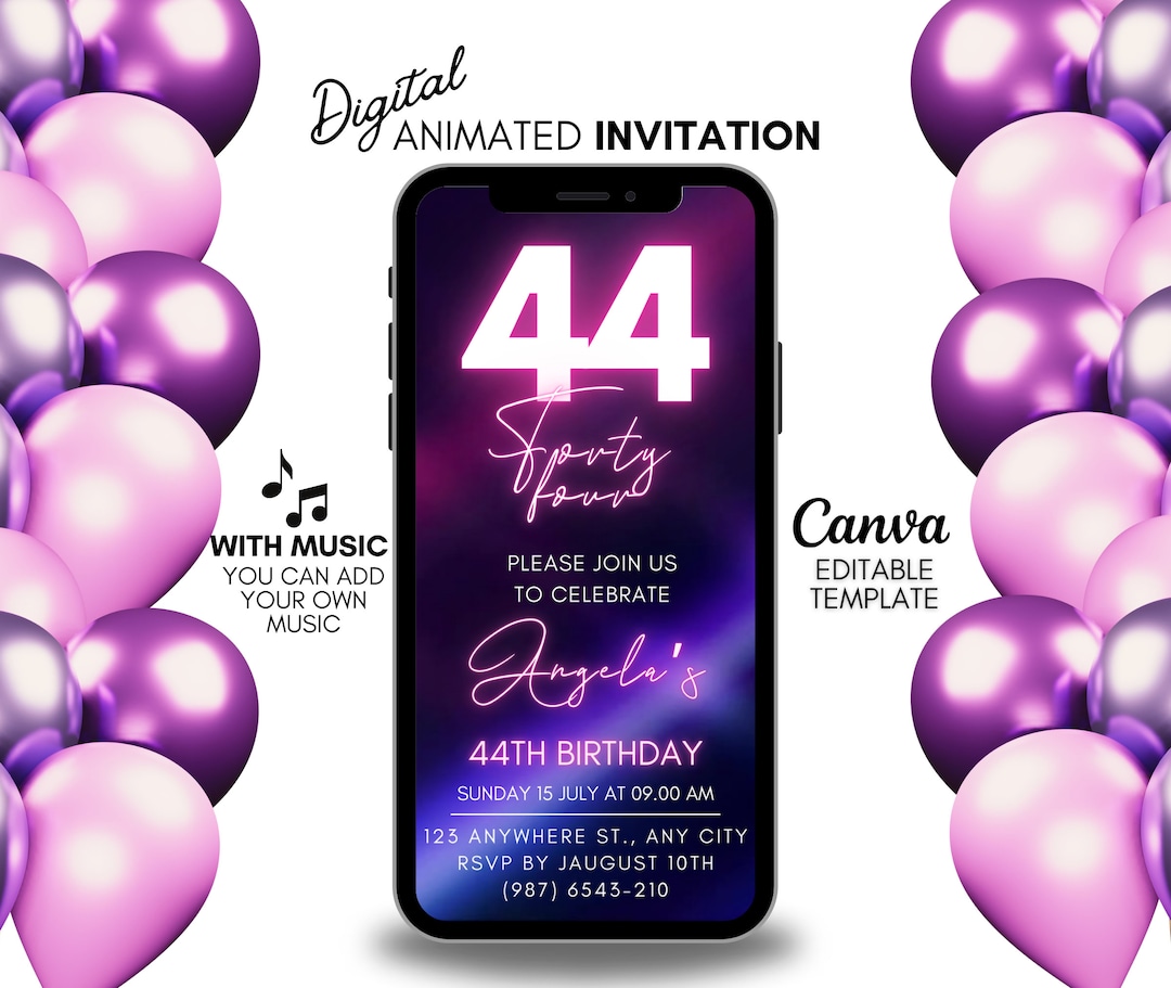 44th Editable Birthday Invitation, Digital Party Invitation, Pink Video ...