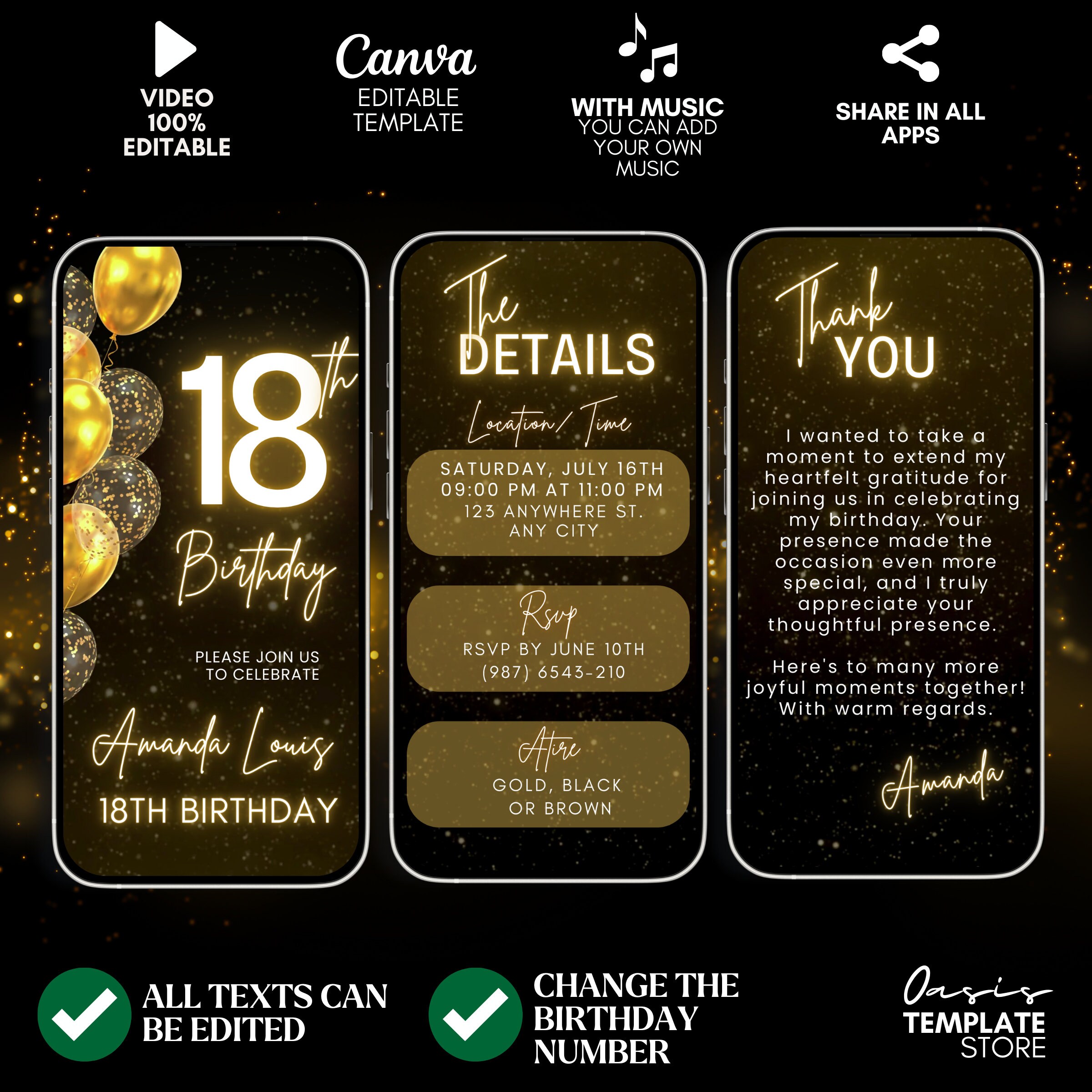 Editable Gold 18th Birthday Video Invitation, Animated Invite, 18th ...