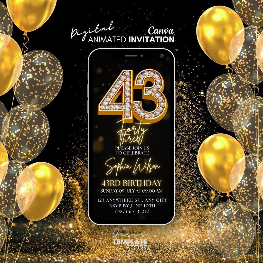 43rd Birthday Invitation, Forty Three Party Video Invite, Black Gold ...