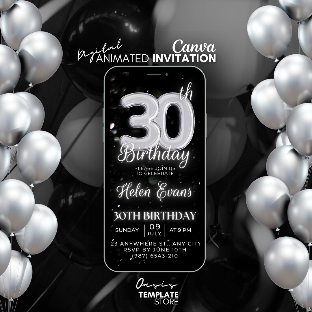 30th Birthday Digital Invitation, Black Silver Video Invitation, 30th ...
