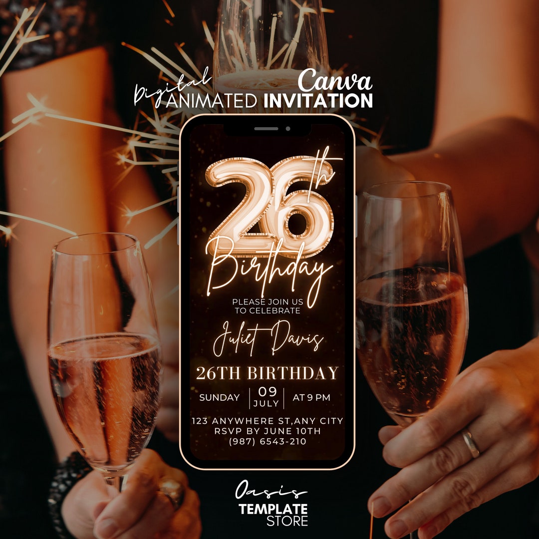 Digital 26th Birthday Invitation, Bronze Gold Digital Invitation, 26th ...
