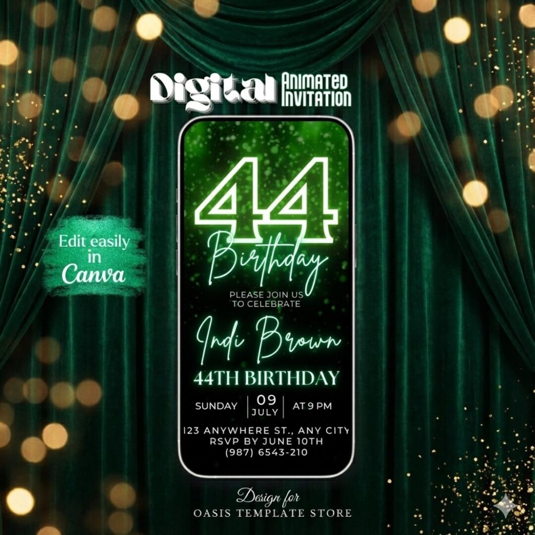44th Birthday Video Invitation, Animated Green and Gold Glitter Invite ...