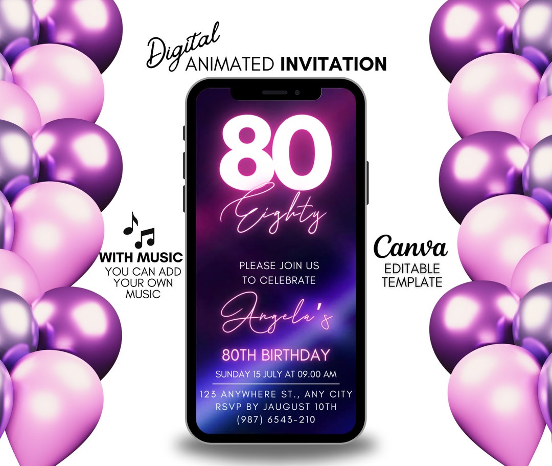 Editable 80th Birthday Invitation Digital Party Invitation Pink Video