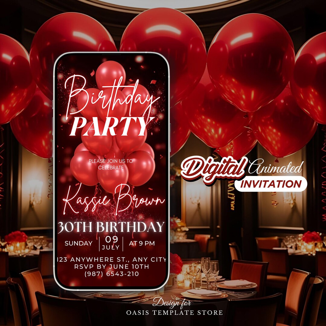 Red Birthday Party Invitation, Red Balloons Digital Invitation ...