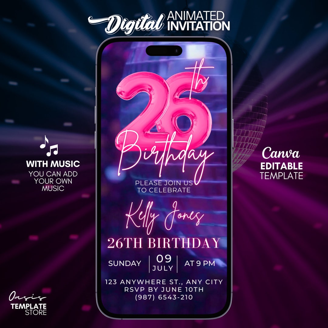 26th Pink Disco Birthday Invitation, Editable Birthday Invitation ...
