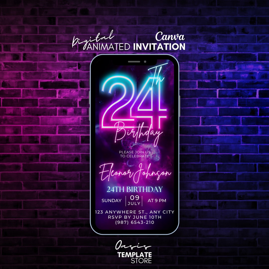 24th Birthday Digital Invitation, Neon Pink Video Invitation, Twenty ...
