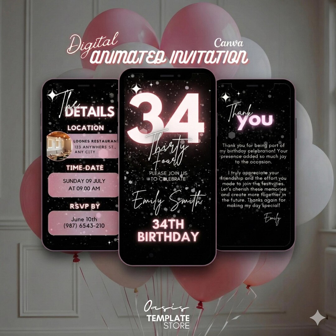 34th Birthday Video Invitation, Neon Pink Animated Invite, Thirty Four ...