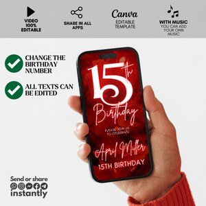 15th Birthday Video Invitation, Red Glitter Digital Invitation, 15th ...