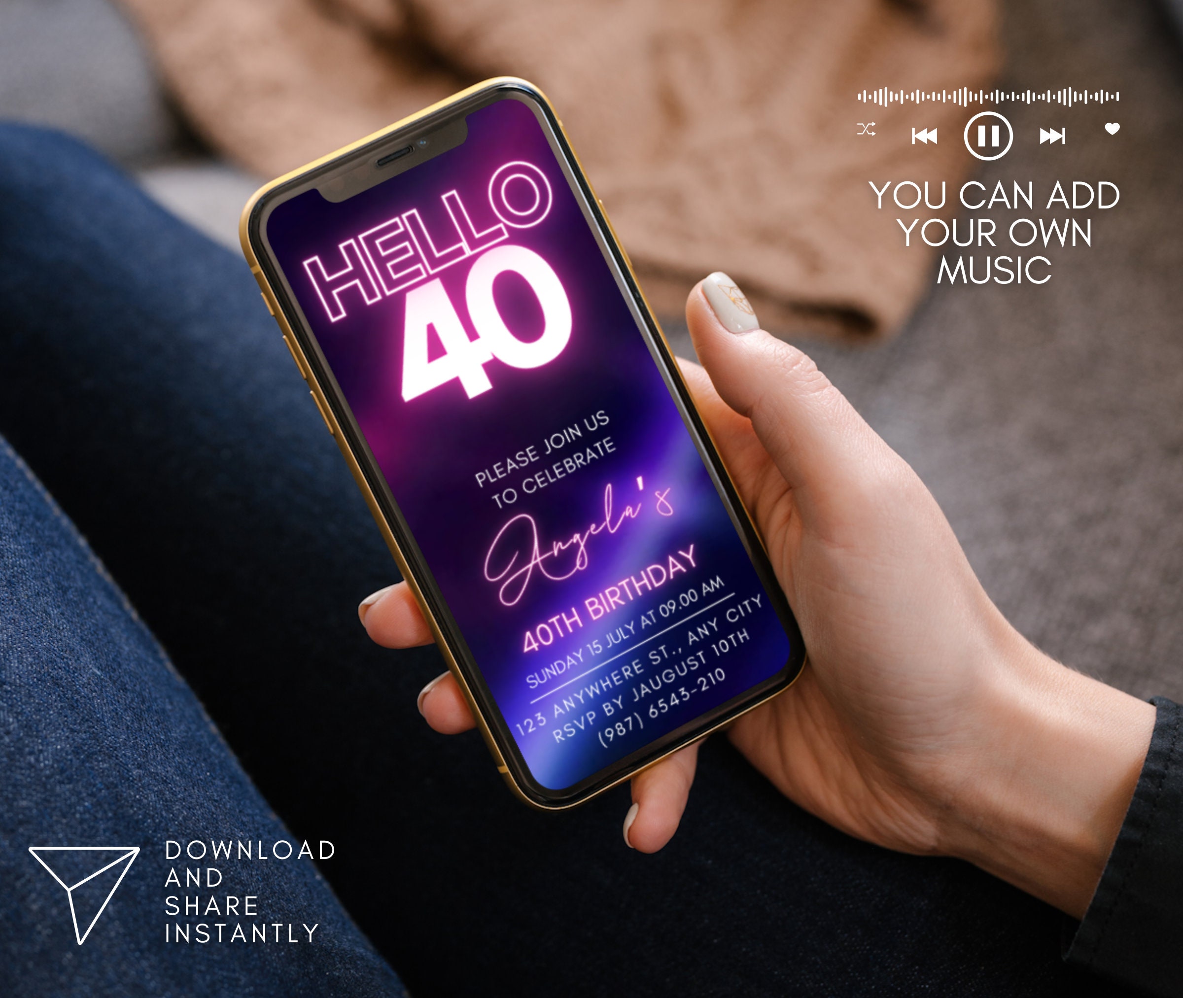 Hello Forty 40th Birthday Invitation, Digital Party Invitation, Pink ...