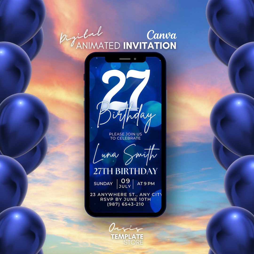 27th Digital Birthday Invitation, 27th Mobile Invitation, Blue Glitter ...