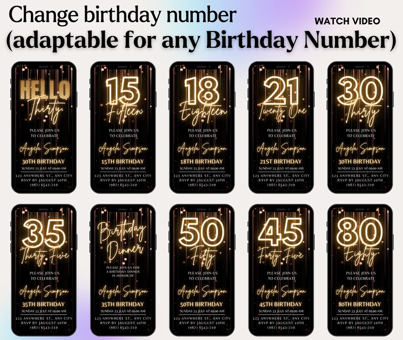 80th Birthday Gold Invitation, Animated Phone Text Invite, Video ...