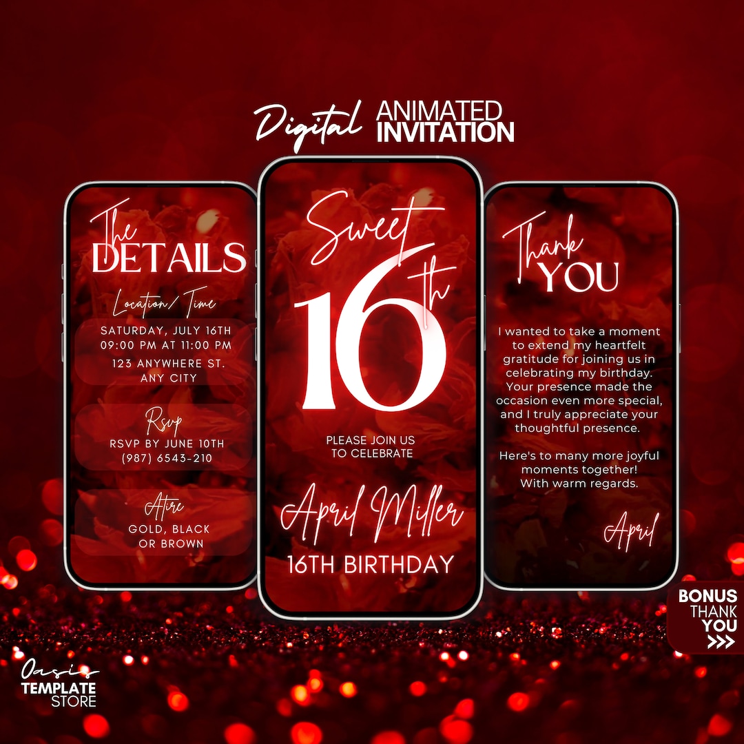 Sweet 16th Birthday Video Invitation, 16th Red Glitter Digital ...