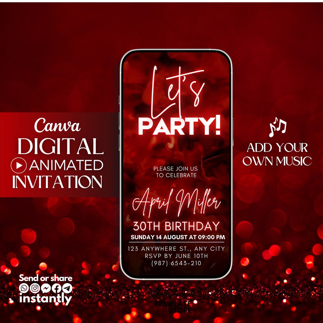 Let's Party Birthday Video Invitation, Red Glitter Digital Invitation ...