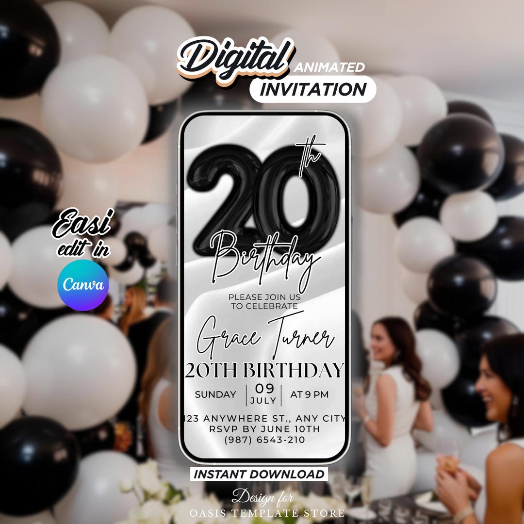 Editable 20th Birthday Invitation, 20th White Invitation Party, Black ...