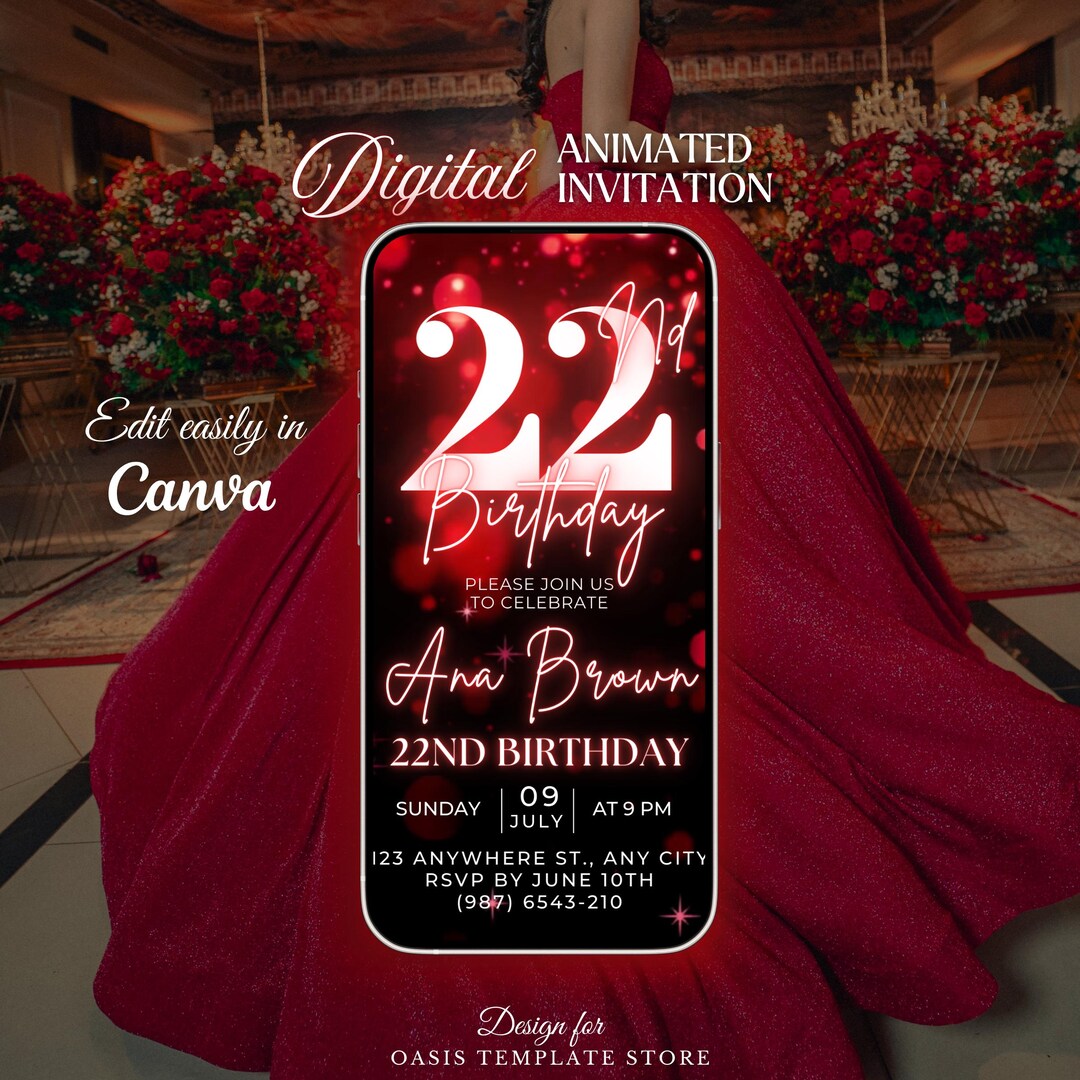 22nd Birthday Invitation, Editable Video Invitation Template, Red ...
