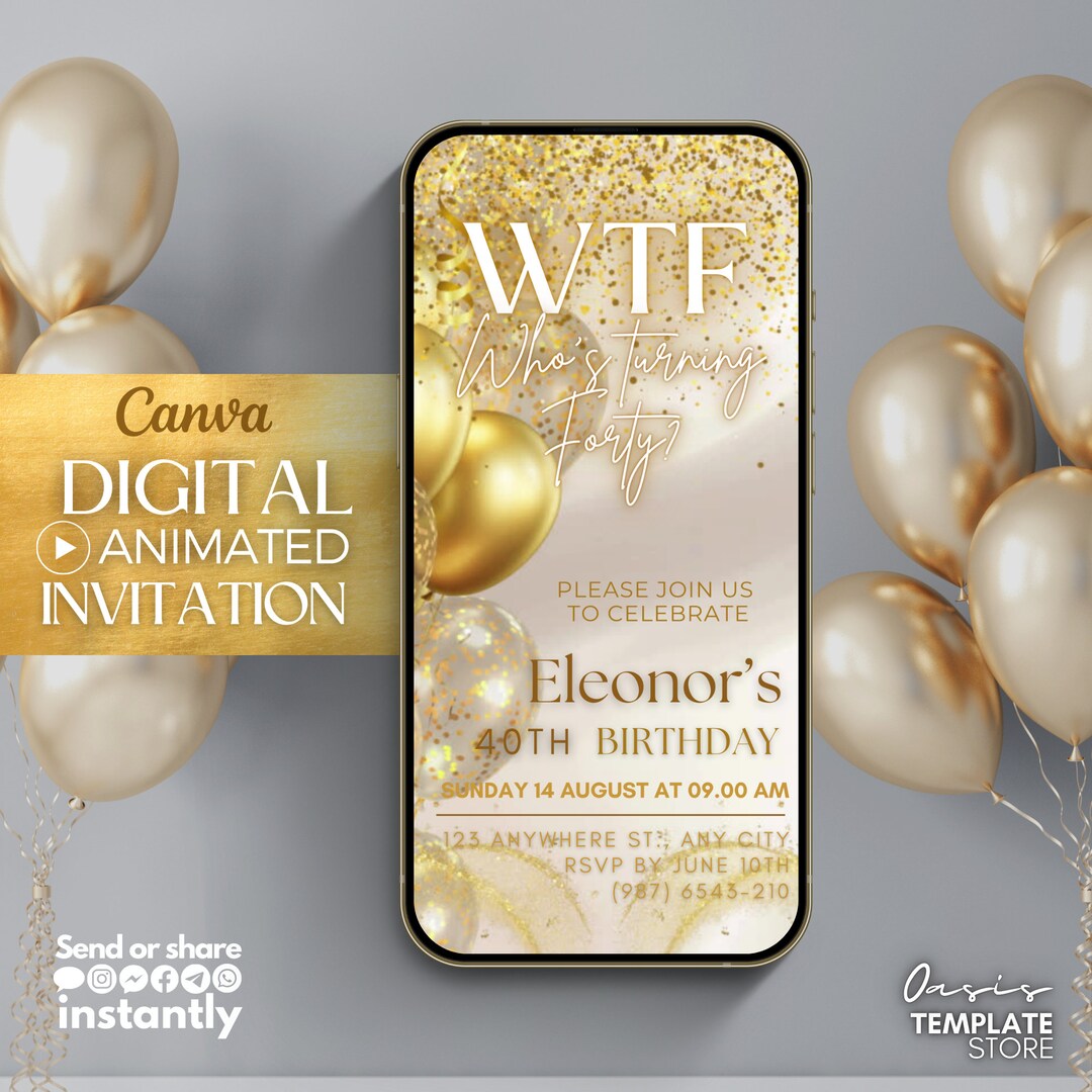 WTF 40th Birthday Video Invitation, Gold Glitter Digital Invite ...