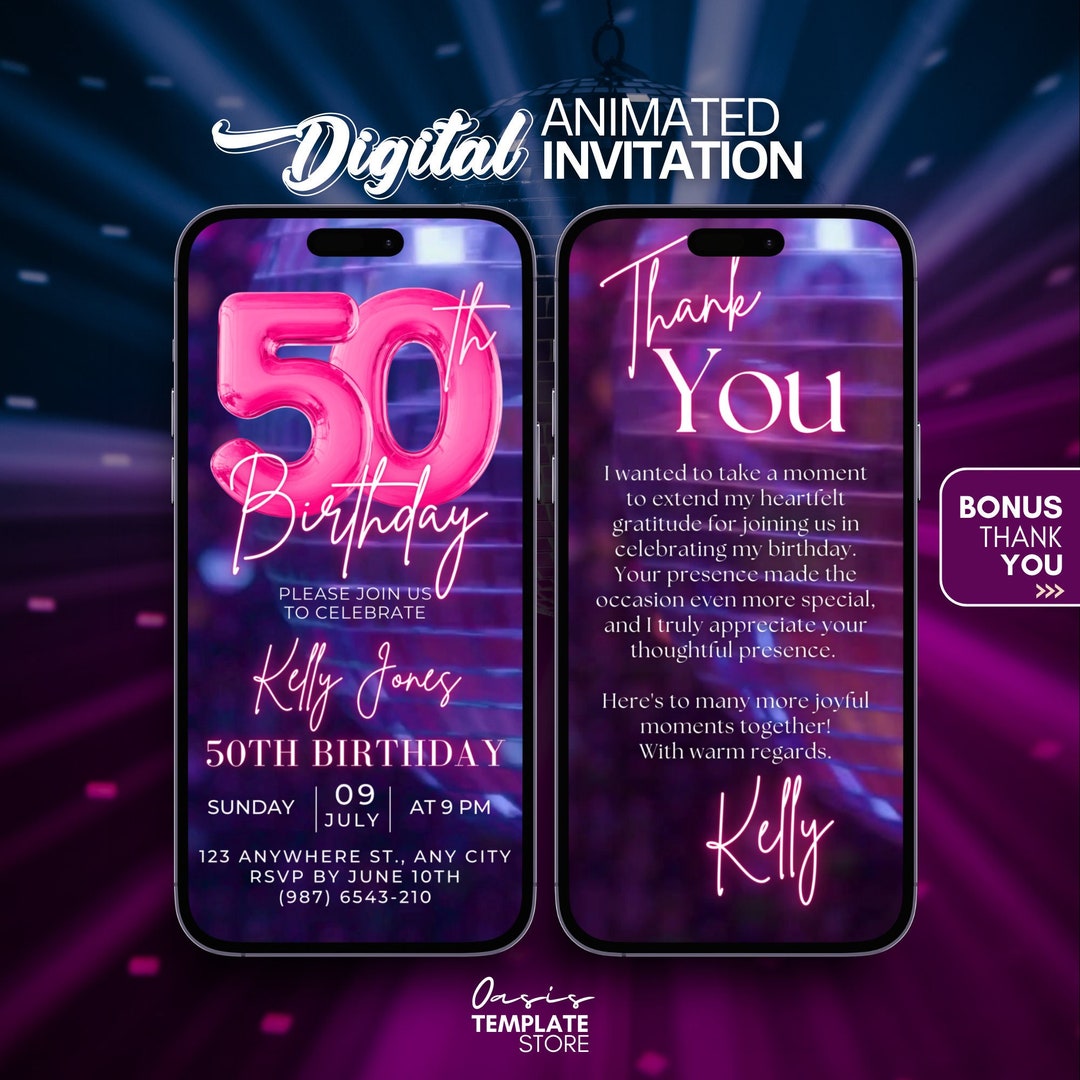 Pink Disco 50th Birthday Invitation, Editable Birthday Invite, 50th ...