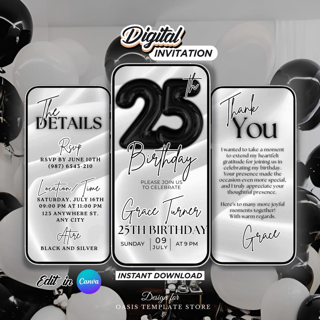 Digital 25th Birthday Invitation, Black Balloons Invitation, Mobile ...