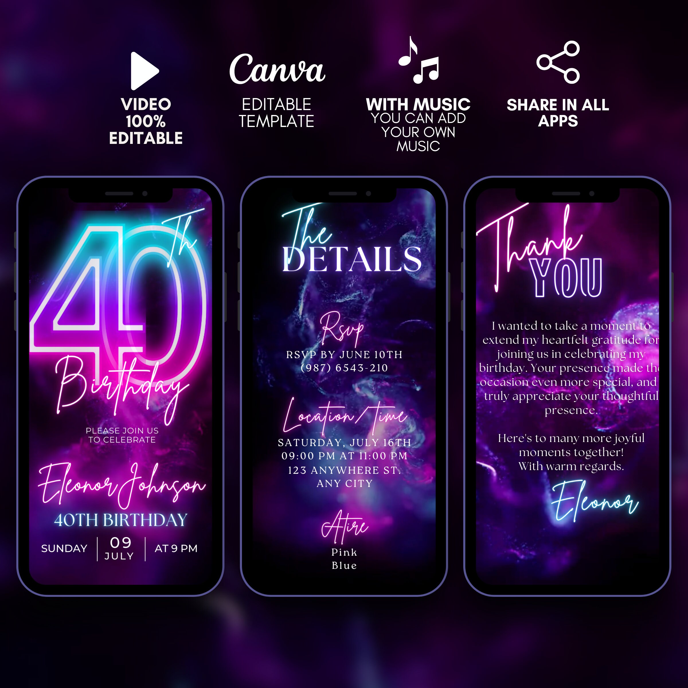 Digital 40th Birthday Invitation, Neon Pink Forty 40th Video Invitation ...