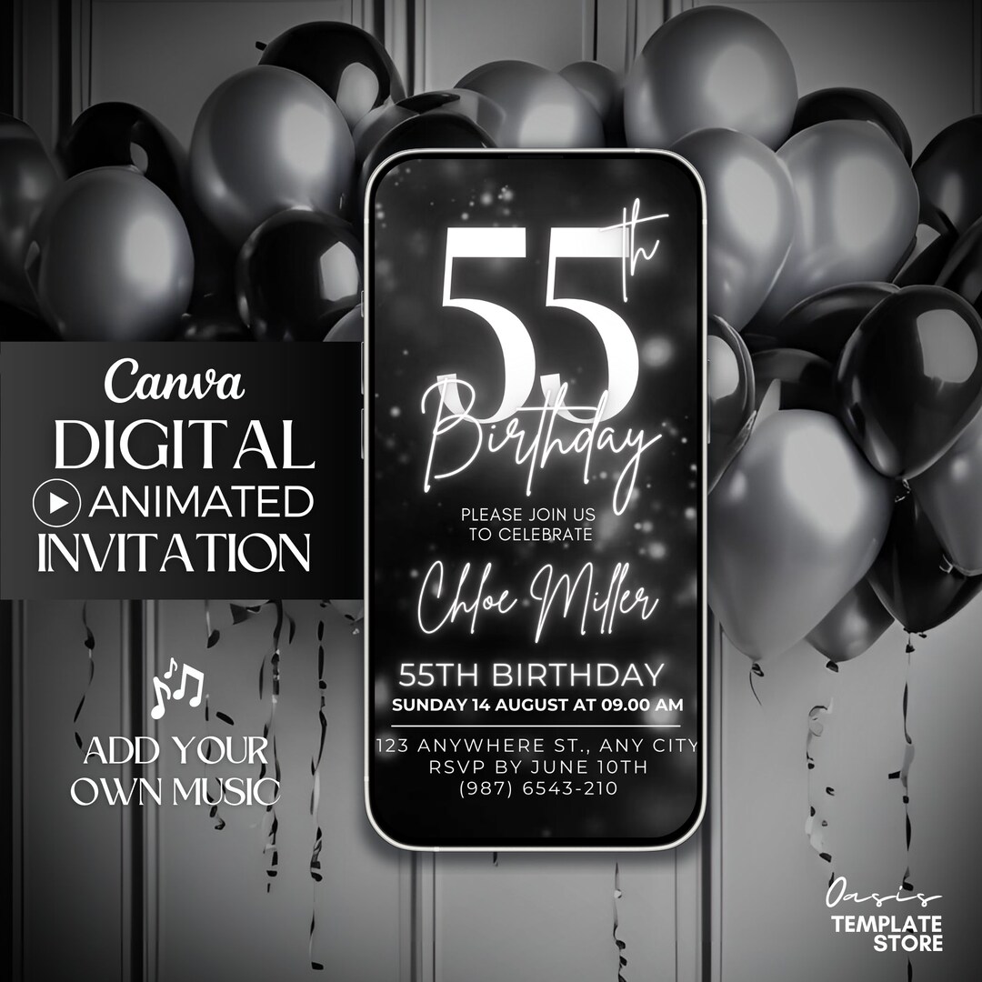 55th Birthday Video Invitation, Silver Glitter Digital Invitation ...