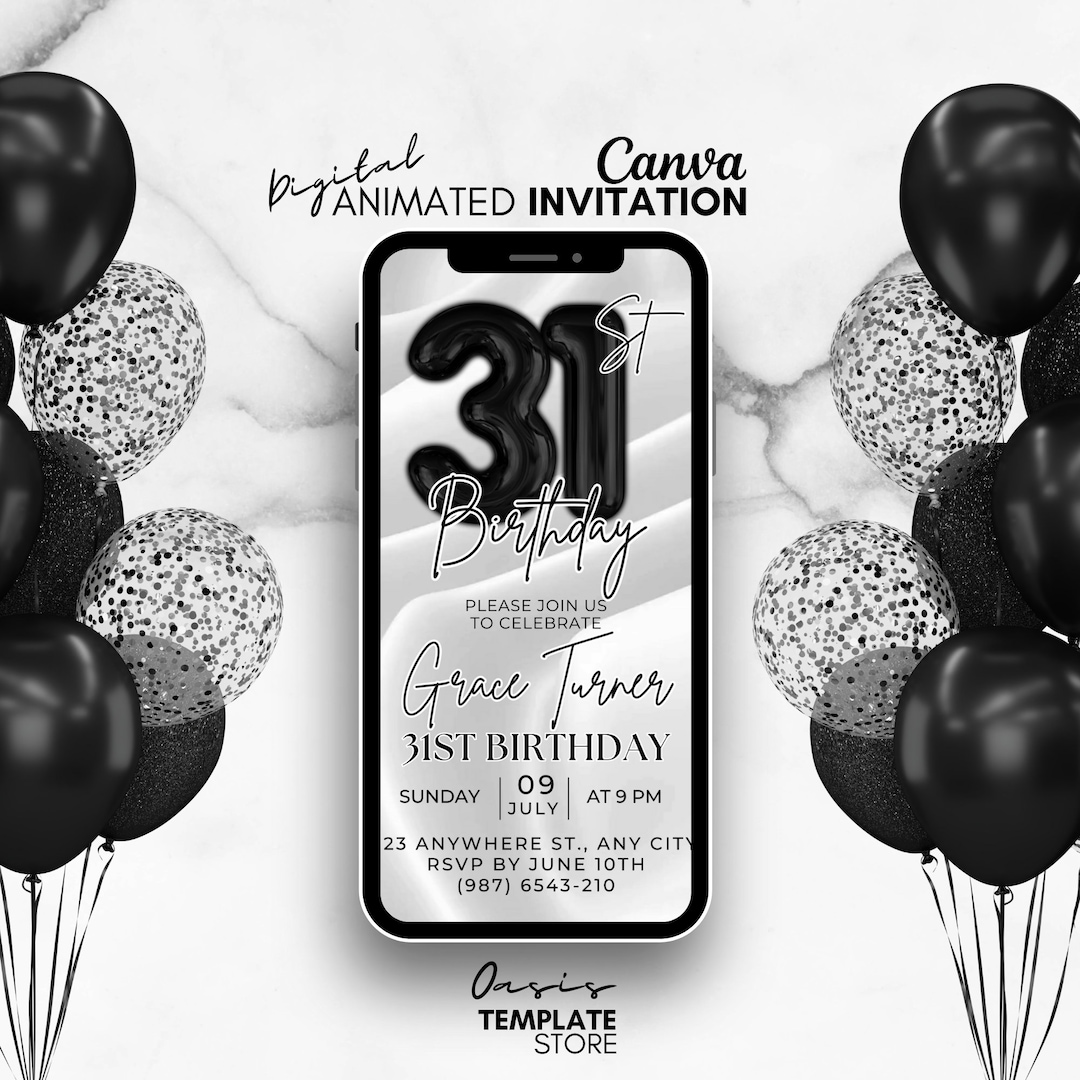 31st Birthday Invitation, Black Balloons Invitation, Mobile Party ...